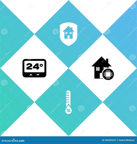 Set Thermostat Humidity House Under Protection And Smart Home Icon Vector Stock Illustration