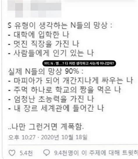 Mbti N S 차이 질문 구분 테스트 짤 밈 N의 상상력과 망상 네이버 블로그