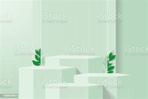 스튜디오 룸에 있는 추상적인 녹색 3d 배경 사실적인 3d 육각형 연단은 나뭇가지 잎 수직 및 유리 모양이 있습니다 모형 제품 진열대를 위한 최소한의 벽 장면에서 렌더링