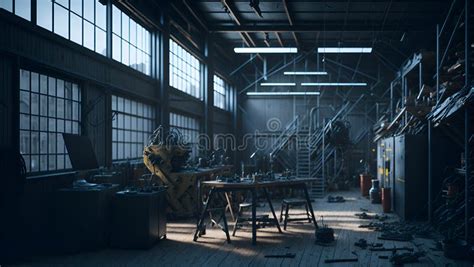 3d Rendering Of Industrial Interior With Tools And Equipment Mixed