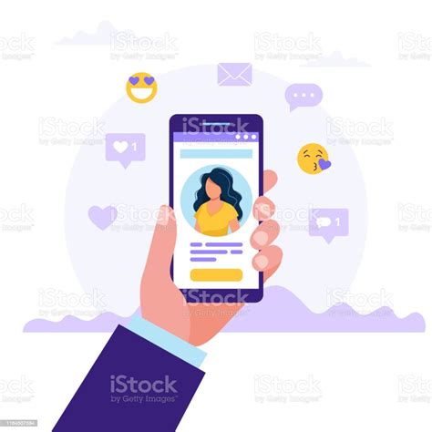 데이트 서비스 앱 여성 사진과 함께 스마트 폰을 들고 손 가상 관계 소셜 네트워크에서 지인 플랫 스타일의 벡터 일러스트레이션 전화에 대한 스톡 벡터 아트 및 기타 이미지