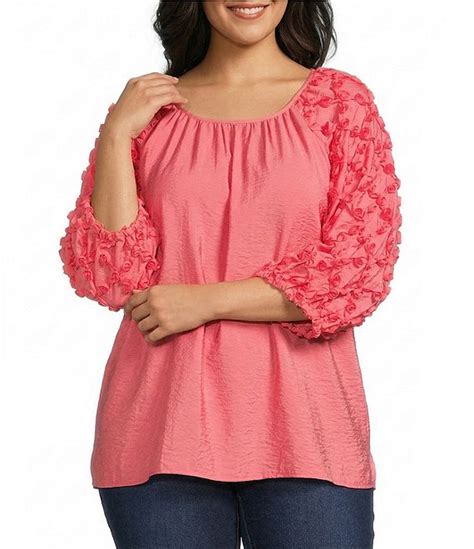 Multiples Plus Size Crinkle Woven Scoop Neck 34 Sleeve Soutache Trim