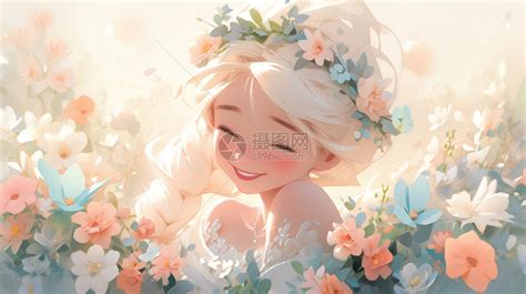 在花丛中开心笑的可爱白色长发卡通女孩插画图片下载 正版图片 摄图网