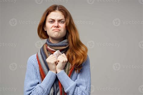 Red Haired Woman Neck Scarf Cold Handkerchief Isolated Background