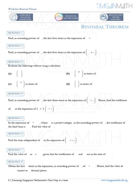 Binomial Theorem Free Worksheet 3245252641 Pdf Mathematical Objects
