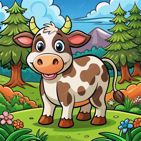 мультфильм коровы с горой на заднем плане Премиум Ai сгенерированный вектор