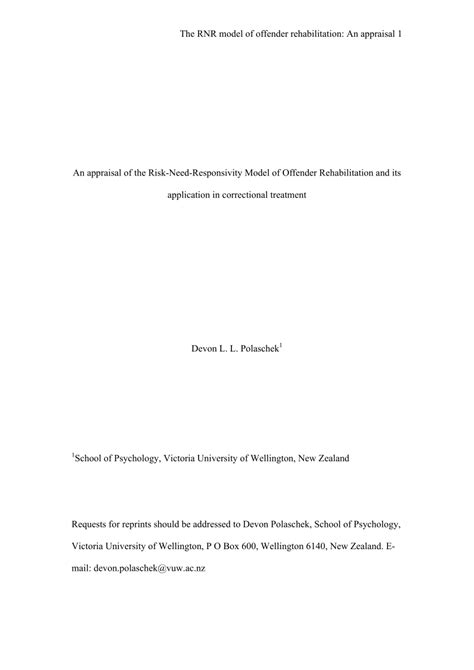Pdf An Appraisal Of The Risk Need Responsivity Rnr Model Of Offender Rehabilitation And Its