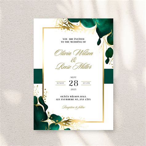 Emerald Green And Gold Wedding Invitation Template Elegant Greenery