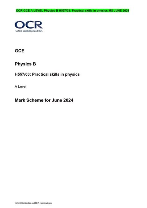 OCR GCE A LEVEL Physics B H557 03 Practical Skills In Physics MS JUNE 2024 Ocr Stuvia US