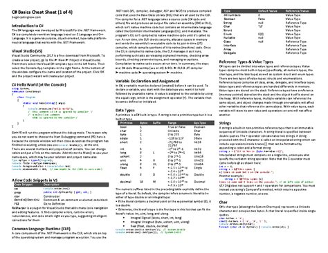 Csharp Cheat Sheet V 1 C Basics Cheat Sheet 1 Of 4 Begincodingnow