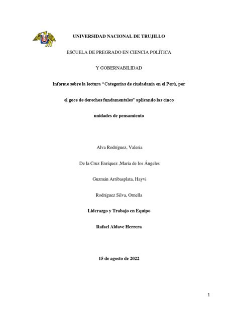 Informe Sobre La Lectura Categorías De Ciudadanía En El Perú Por El