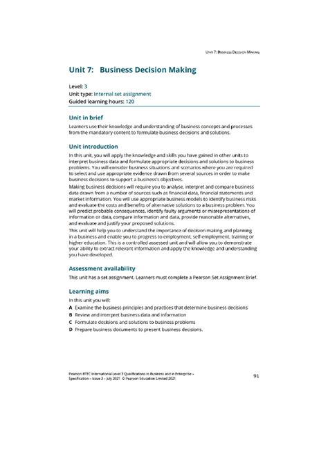 Unit 7 Textbook On Unit 7 Business Decision Making Business