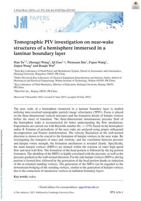 Pdf Tomographic Piv Investigation On Near Wake Structures Of A Hemisphere Immersed In A
