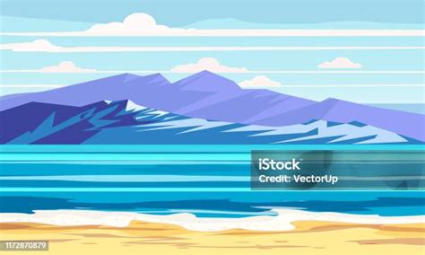 바다 풍경 해변 풍경 바다입니다 태양과 구름 트렌디 한 디자인 벡터 일러스트 배너 인사말 카드 포스터 및 광고 여름 휴가 개념 0명에 대한 스톡 벡터 아트 및 기타 이미지