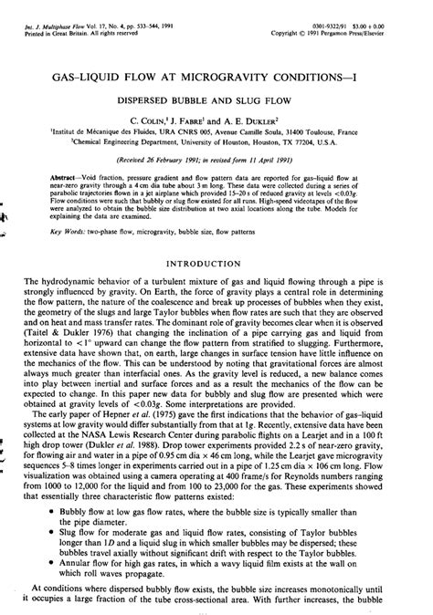Pdf Gas Liquid Flow At Microgravity Conditions—i Dispersed Bubble And Slug Flow