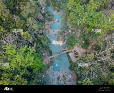 Aerial View Of Wooden Footbridges And Turquoise Pools Of Kuang Si Falls