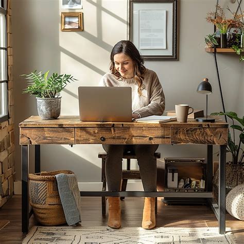 A Woman Sits At A Table With A Laptop On Her Lap Premium Ai Generated