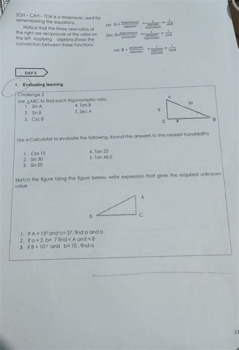 Solved Soh Cah Toa B S A Mnemonic Used For Remembering The Equations Cse θ Hyrpotenuse