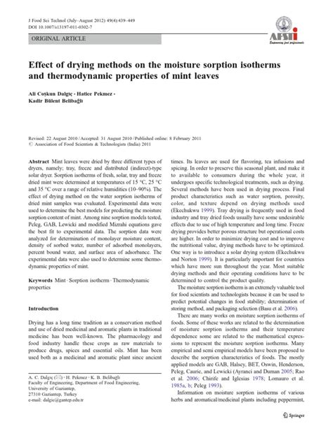 Effect Of Drying Methods On The Moisture Sorption Isotherms And Thermodynamic Properties Of Mint