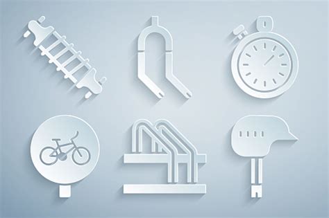 자전거 주차 스톱워치 헬멧 포크 및 서스펜션 아이콘을 설정합니다 벡터 3차원 형태에 대한 스톡 벡터 아트 및 기타 이미지 3차원 형태 계시기 교통 Istock