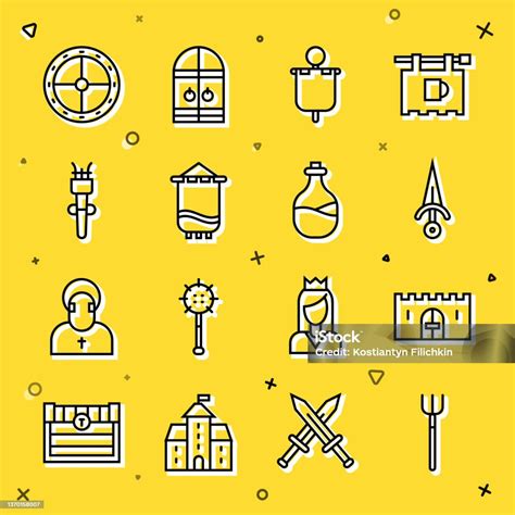 세트 라인 가든 피치 포크 중세 성 문 단검 플래그 횃불 불꽃 둥근 나무 방패와 와인 아이콘의 오래된 병 벡터 0명에 대한 스톡 벡터 아트 및 기타 이미지 Istock