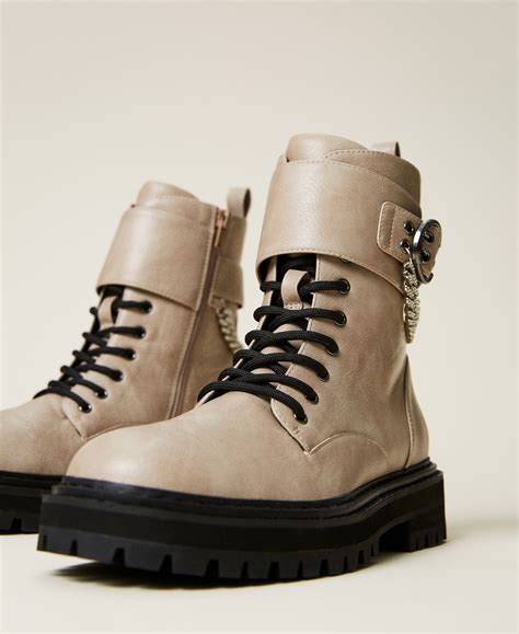 Leather Like Combat Boots With Chain Woman Beige Twinset Milano