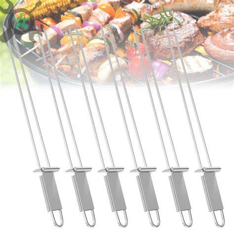 6 ชิ้น Kabob Skewer พร้อม Push Bar Double Pronged สแตนเลส Skewer Anti ม้วน Bbq Skewer แบบพกพา