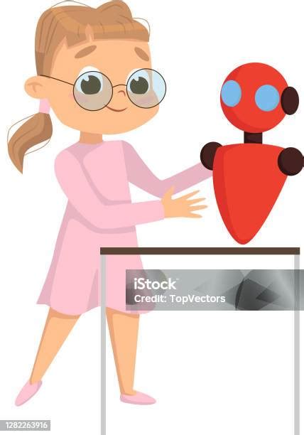 귀여운 소녀 만들기 및 프로그래밍 스마트 로봇 어린이 교육 프로젝트 만화 스타일 벡터 일러스트 공부에 대한 스톡 벡터 아트 및 기타 이미지 Istock