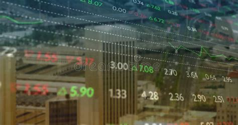 Animation Of Diagrams And Stock Market Over Cityscape Stock Footage