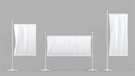 3d 화이트 스트리트 배너 광고 섬유는 금속 기둥에 서 있습니다 바람에 수직 및 수평 간판 회색 배경에 고립 된 옥외 광고를위한 빈 광고판 디스플레이 3d 렌더링 모형 세트