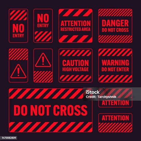 대각선이있는 다양한 빨간색 경고 표지판 주의 위험 또는주의 표지판 건설 현장 표지판 현실적인 통지 간판 경고 배너 도로 방패