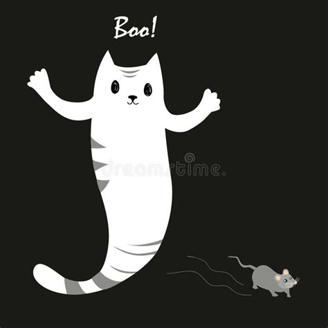 Cartoon Kawaii Halloween Ghost Cat Character Hunting A Mouse Funny