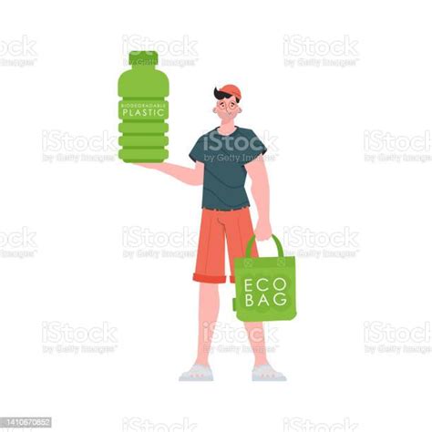 한 남자가 생분해 성 플라스틱으로 만든 병을 손에 들고 있습니다 Eco 친화적 인 개념 흰색 배경에 고립되어 있습니다 벡터의 패션 트렌드 일러스트레이션 가방에 대한 스톡