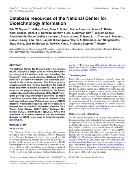 Pdf Database Resources Of The National Center For Biotechnology Information