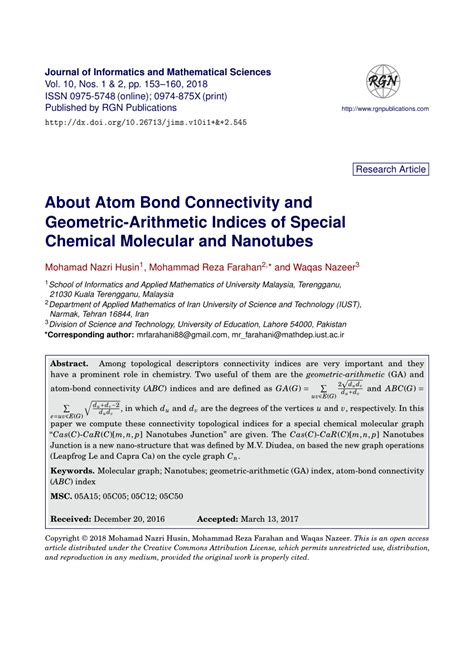 Pdf About Atom Bond Connectivity And Geometric Arithmetic Indices Of Special Chemical