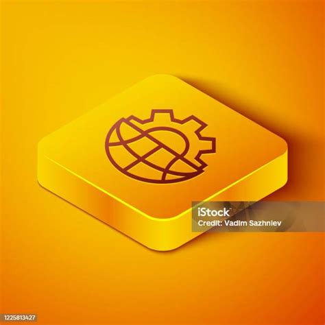 지구와 기어 또는 기어 아이콘의 등각 투영 라인 은 주황색 배경에 격리 매개 변수 설정 전역 옵션 노란색 사각형 버튼입니다 벡터 일러스트레이션 0명에 대한 스톡 벡터 아트