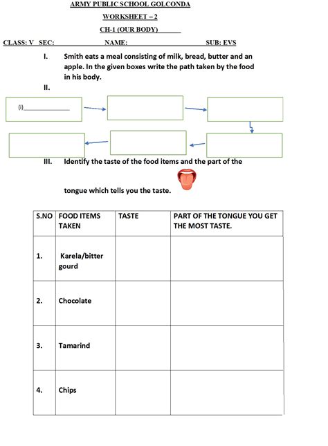 Class V Evs Worksheet No 2 Topic Our Body