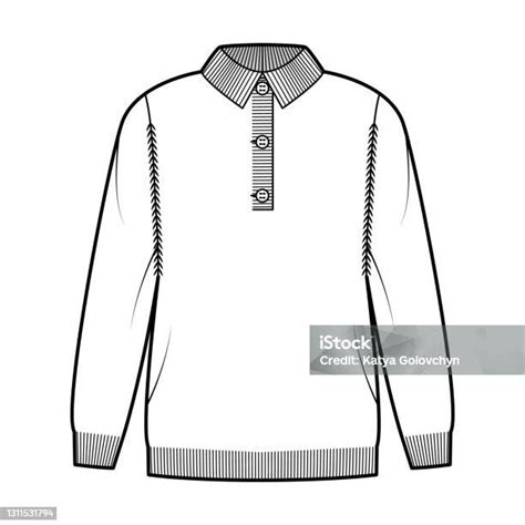 폴로 스웨터 테크니컬 패션 일러스트 리브 헨리 넥 긴 소매 오버사이즈 엉덩이 길이 니트 리브 트리밍 0명에 대한 스톡 벡터 아트 및 기타 이미지 Istock