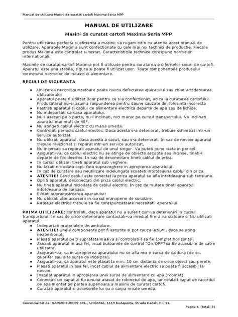 Manual De Utilizare Masini De Curatat Cartofi Maxima Seria Mpp Pdf
