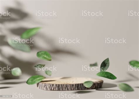 밝은 갈색 배경에 공기에 비행 잎나무 와 나무 연단 제품 화장품 프리젠 테이션을위한 천연 연단 모의 미용 제품을 위한 받침대 또는 플랫폼 빈 장면입니다 3d 렌더링 0명에