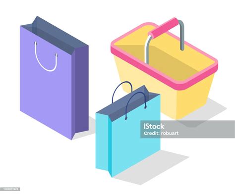 쇼핑 요소 구매자를위한 기호를위한 다채로운 패키지와 카트의 Isometric 3d 그림 3차원 형태에 대한 스톡 벡터 아트 및 기타 이미지 3차원 형태 가방 고객
