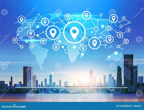 World Map Futuristic Geotag Location Icon Interface Navigation Network Connection Concept