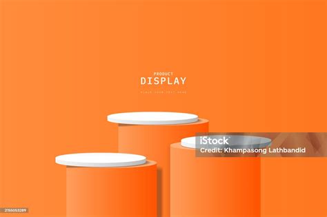 모형을 위한 최소한의 벽 장면 3d 흰색과 주황색 실린더 연단 받침대 현실적 또는 주황색 벽 스튜디오 룸의 제품 디스플레이