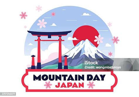 일본에서 산의 날 벡터 일러스트 레이 션 8 월 11 일 축하 행사 후지산과 벚꽃 편평한 스타일의 만화 배경에 꽃을 특징으로합니다 0명에 대한 스톡 벡터 아트 및 기타