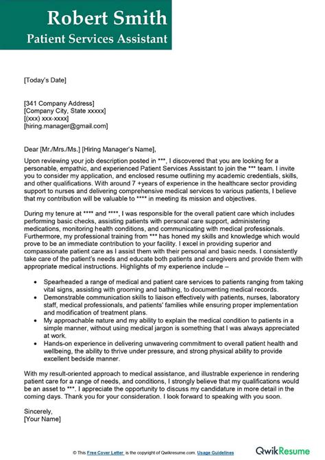 Patient Services Assistant Cover Letter Examples Qwikresume