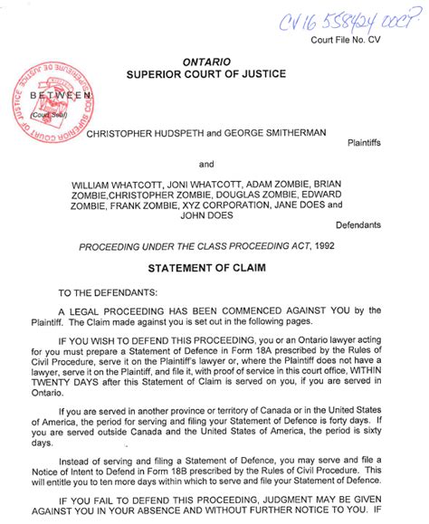 Statement Of Claim Against Bill Whatcott