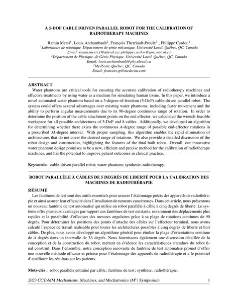 Pdf A 5 Dof Cable Driven Parallel Robot For The Calibration Of Radiotherapy Machines
