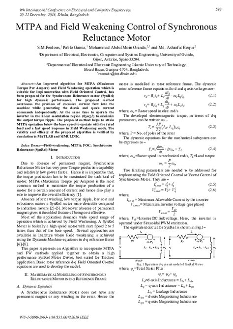Pdf Maximum Torque Per Ampere Mtpa And Field Weakening Control Of Synchronous Reluctance Motor