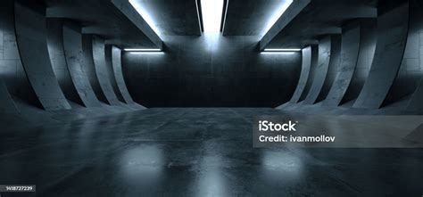 미래 지향적 인 Sci Fi 우주선 쇼룸 격납고 스튜디오 콘크리트 그런 지 시멘트 아스팔트 어두운 현실적인 지하 지하 벙커 3d