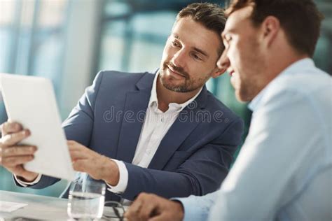 Tablet Research And Business Men In Office For Meeting With Online Stock Market Investment